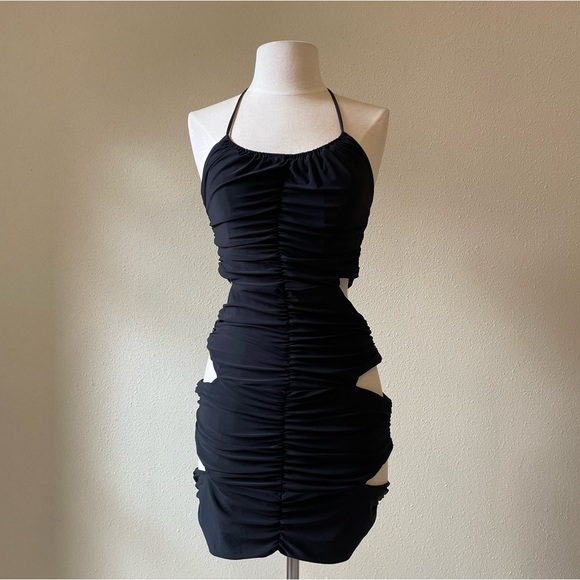 Monot | Dresses | Monot Ruched Side Cutout Black Halterneck Mini ...